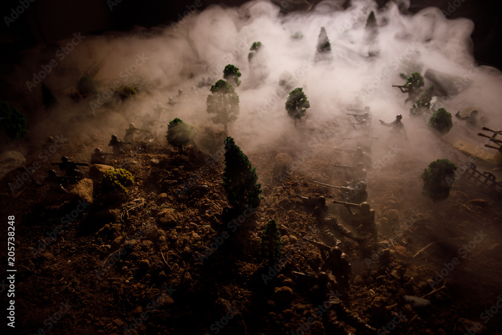 War Concept. Military silhouettes fighting scene on war fog sky ...