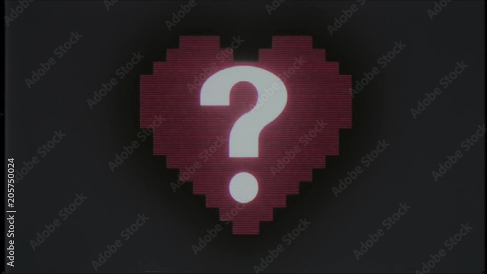 pixel heart with question mark symbol glitch interference old tv vhs ...