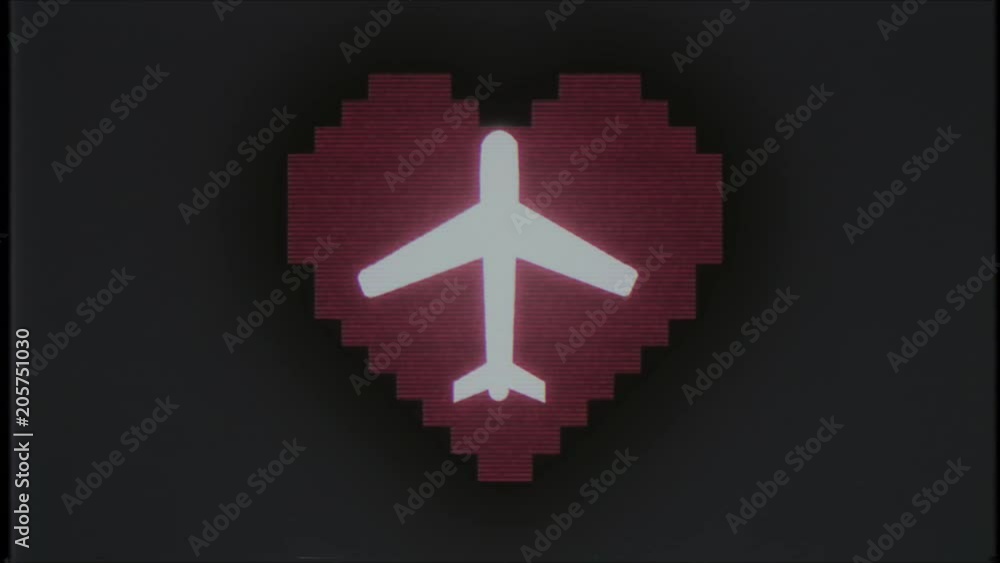 pixel heart with air plane symbol glitch interference old tv vhs screen ...