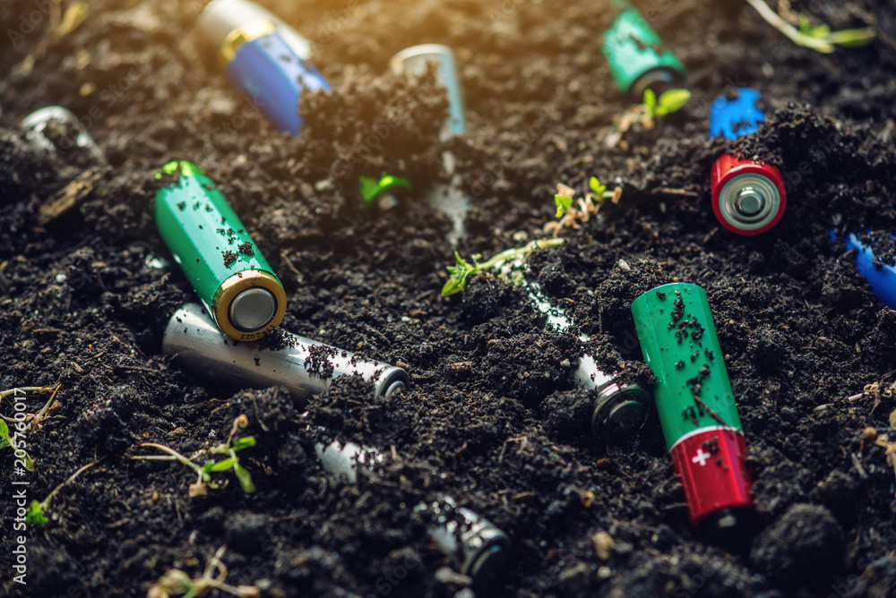 Used alkaline batteries lie in the soil where plants grow. Concept of ...