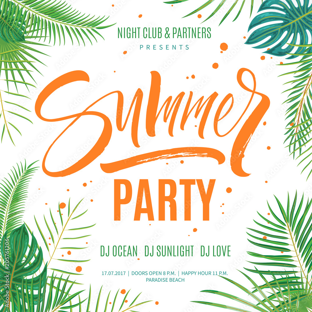 Summer party poster template. Hand written lettering with exotic palm ...
