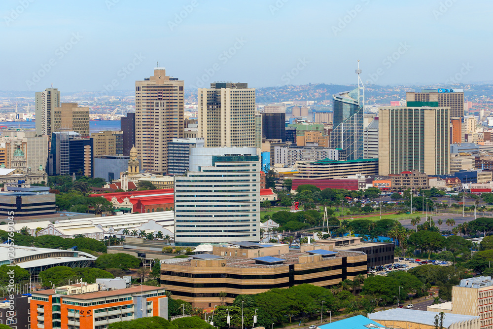 Aerial view of Durban's city center from a rooftop situated on the ...