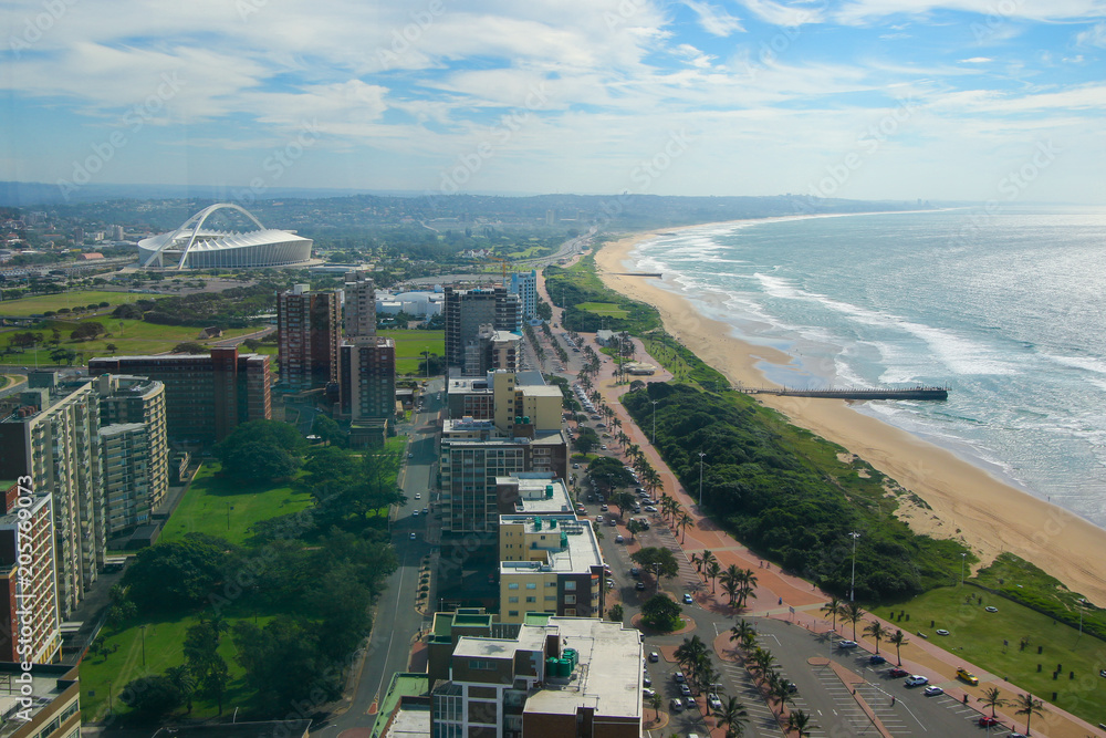 Aerial view of Durban "Golden Mile" beach looking east, KwaZulu-Natal ...