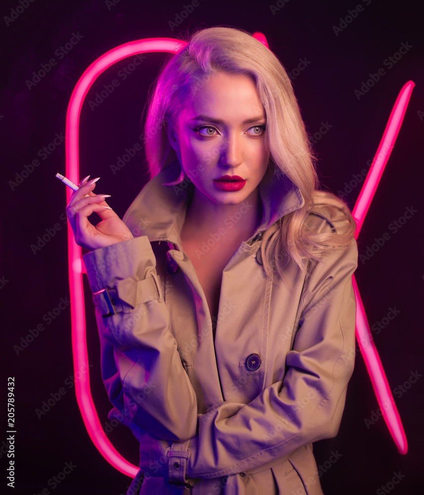 Fashion art photo of elegant model in seductive wear with light neon ...