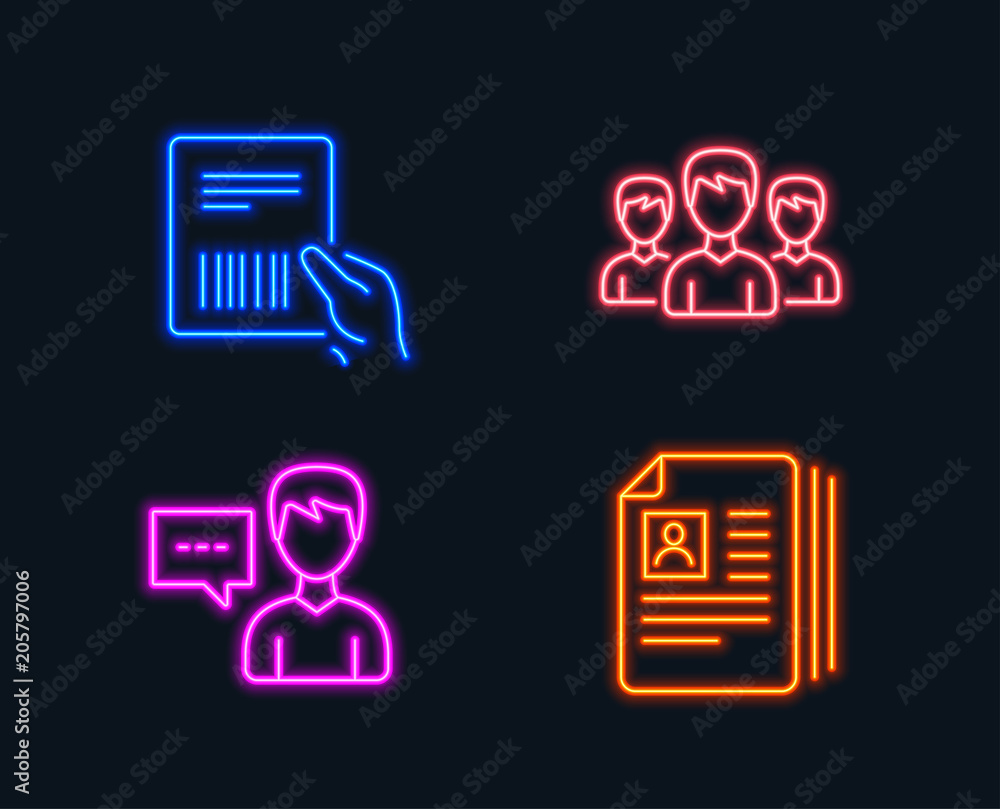 Neon lights. Set of Person talk, Group and Parcel invoice icons. Cv ... Neon lights. Set of Person talk, Group and Parcel invoice icons. Cv ...