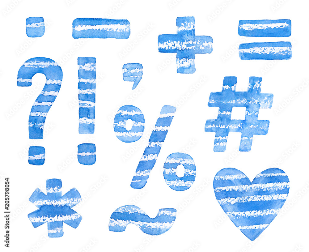 Set of punctuation marks and mathematics symbols. Hand drawn water ...
