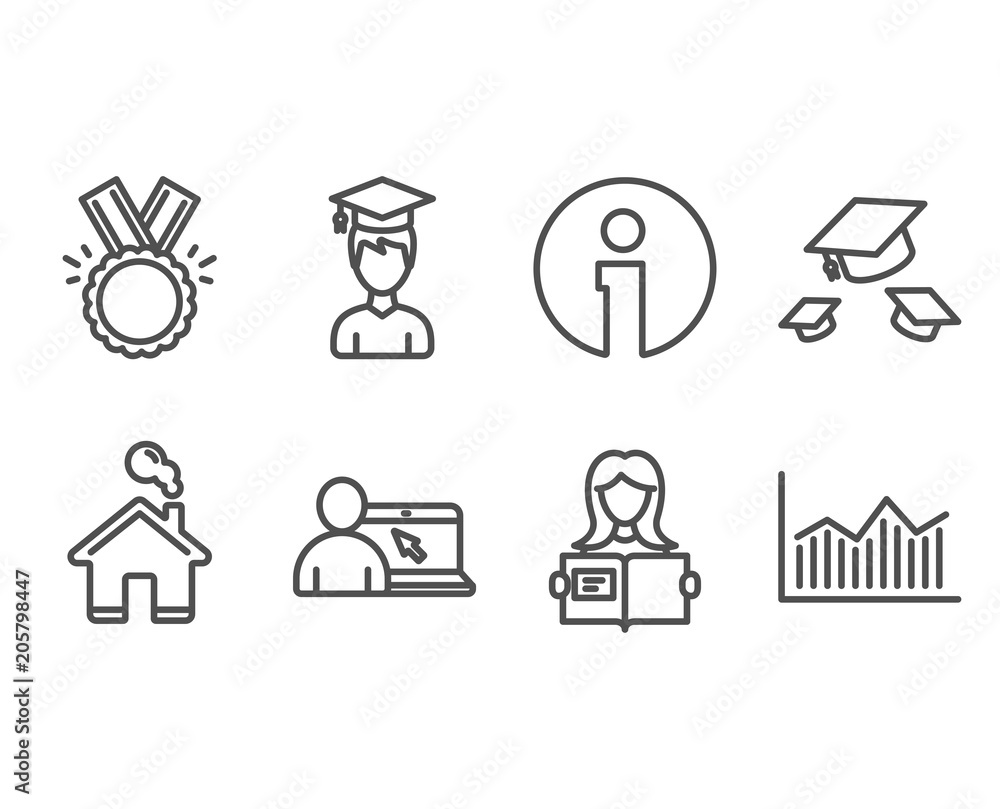 Set of Throw hats, Student and Woman read icons. Online education ...