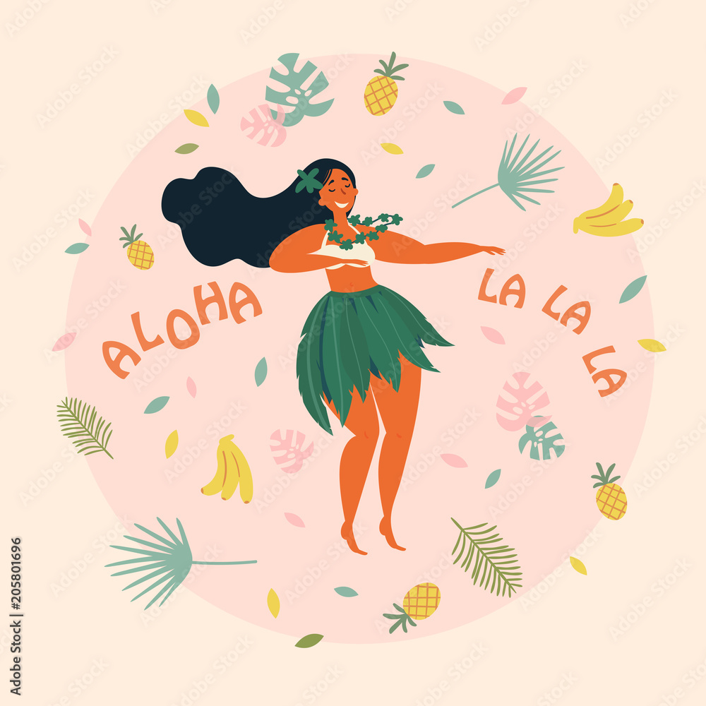 Hula dancer girl. Hawaiian plus size woman in traditional costume is ...