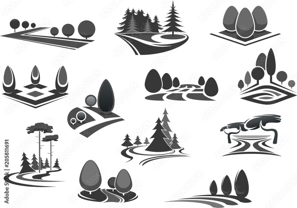 Nature landscape icon set with tree and plant Stock Vector | Adobe Stock