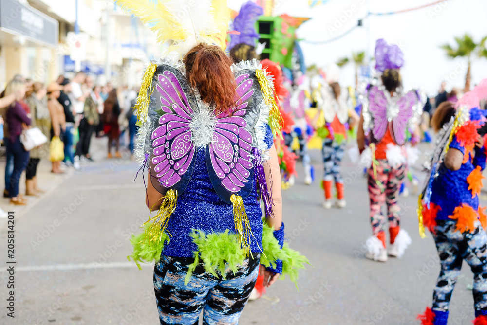 Blurry street carnival party parade unrecognisable people dressed for ...