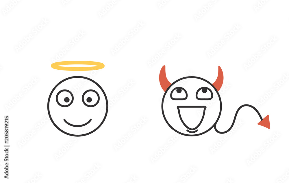 Good and evil concept emoticon icons. Character heads representing ...