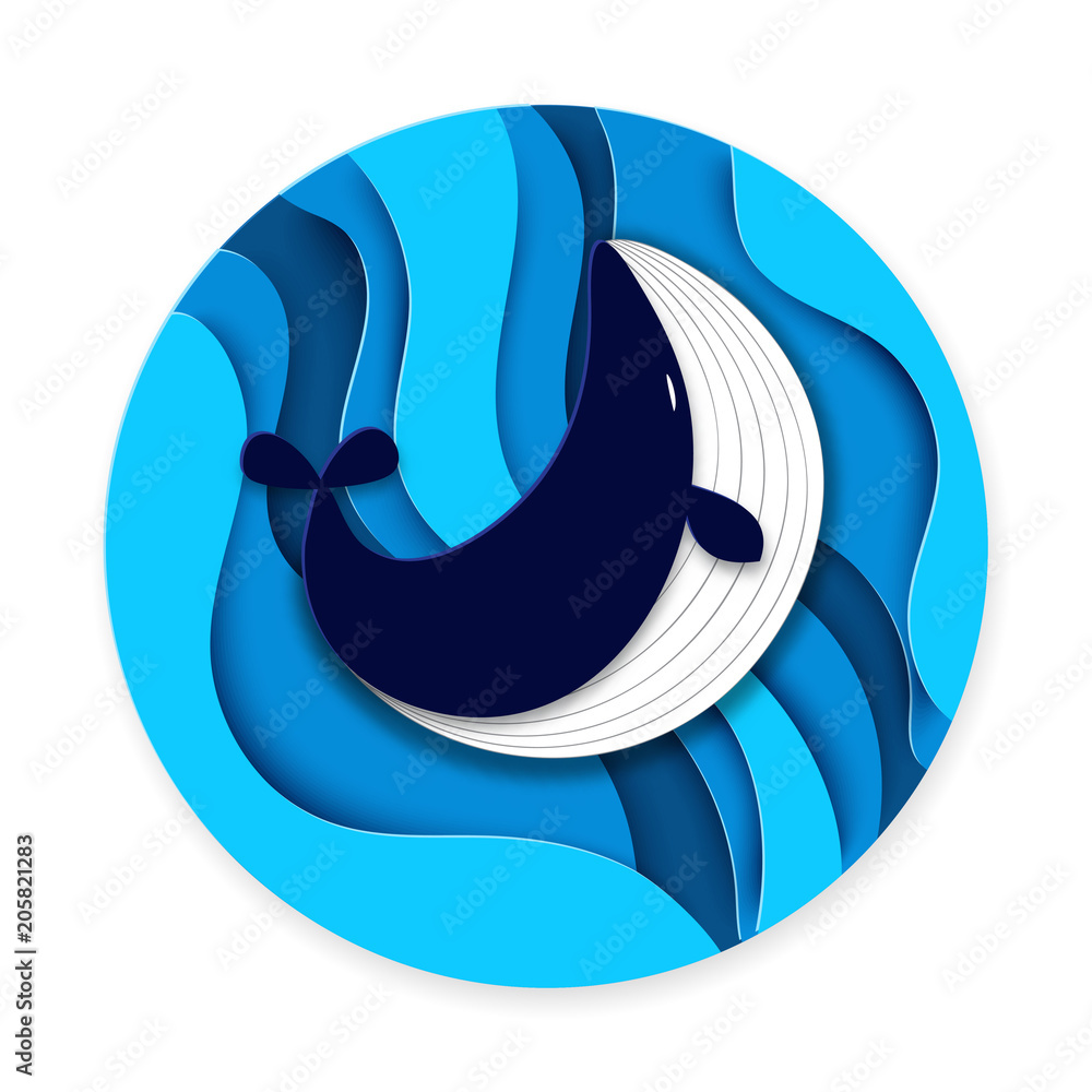 Paper cut cartoon whale on sea or ocean wave in origami trendy craft ...