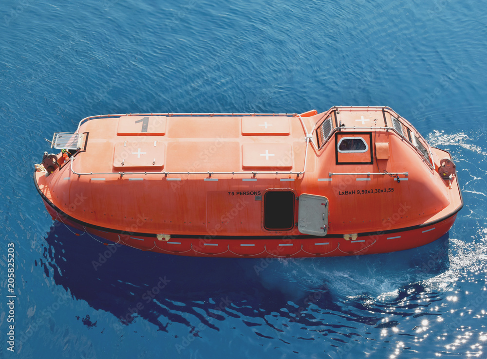 Offshore oil and gas platform test drive lifeboat. To ready at all ...