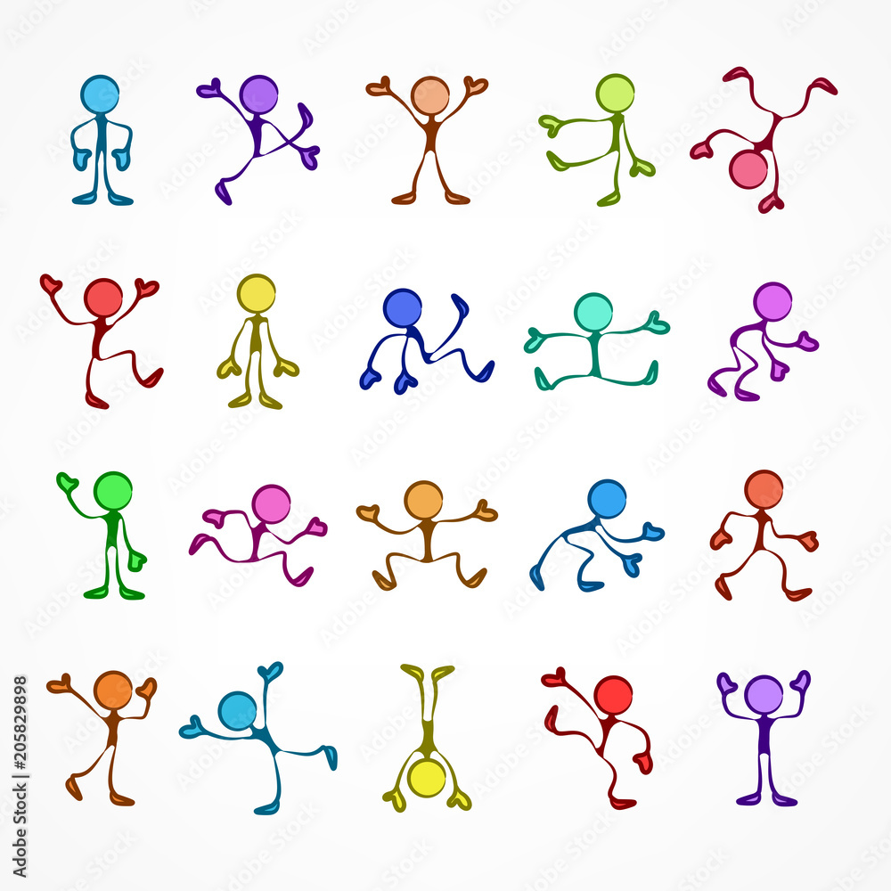 Collection of color stick moving figures with different poses. Stock ...