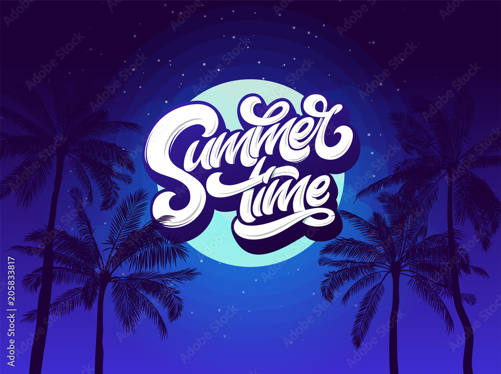Summer Time Typography background with palm tree and night sky and moon ...