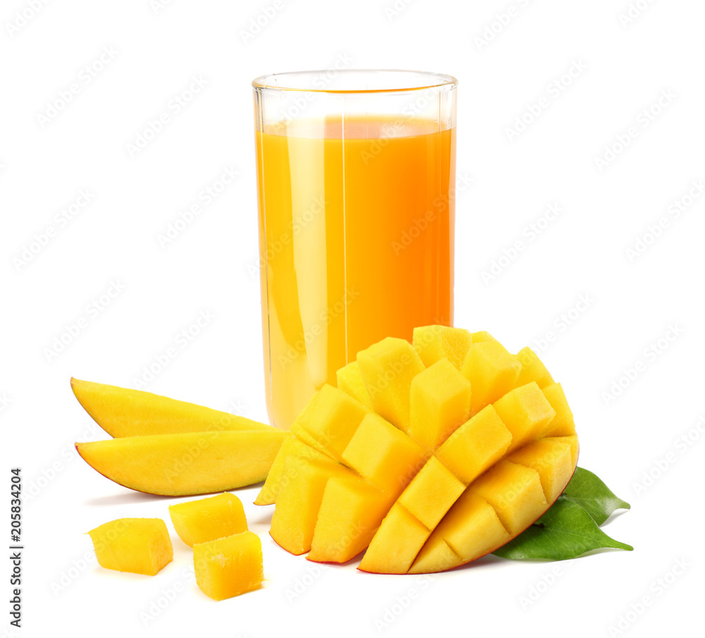 mango juice with mango slice isolated on white background. glass of ...