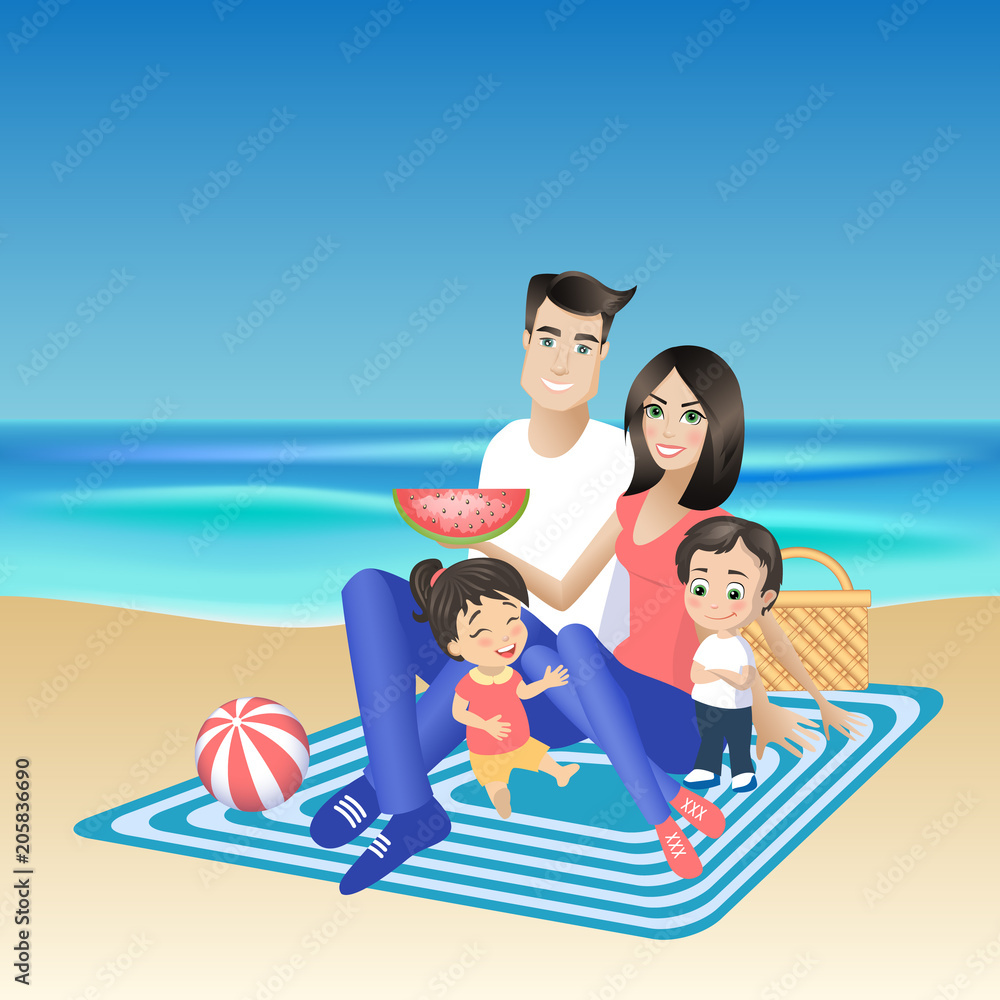 Happy family on a picnic. Father, mother, son and daughter are resting ...