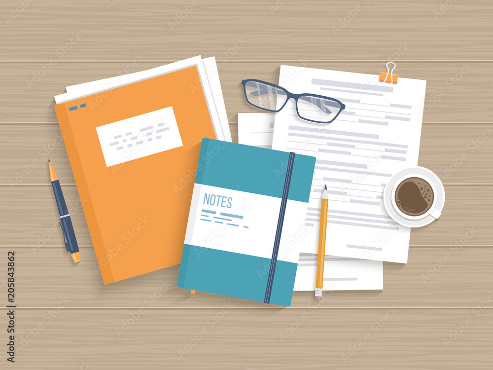 Business wooden table with documents, forms, papers folder, pen, pencil ...