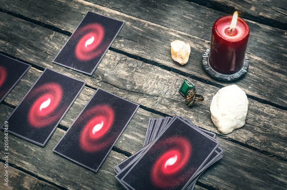 Tarot cards on fortune teller table. Future reading. Divination concept ...