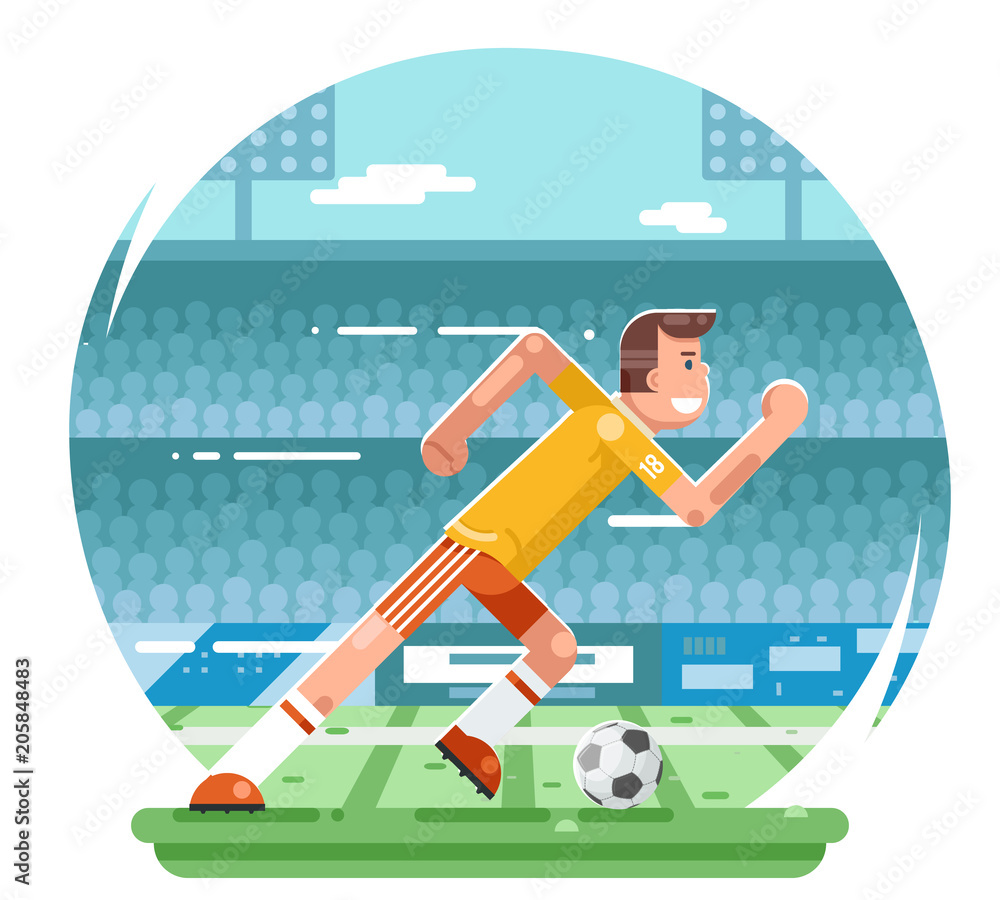 Soccer football player running character stadium background flat design ...