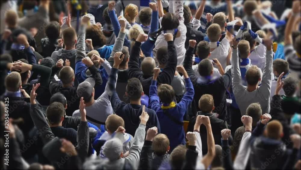 Crowd of sports fans jump with joy after goal in slow motion, football ...