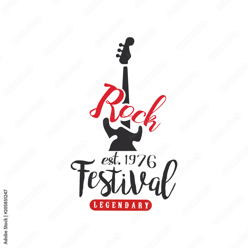 Rock festival logo, est. 1976, design element with electric guitar can ...