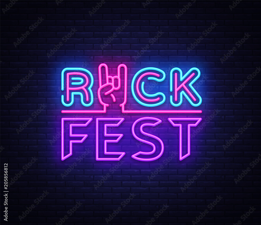 Rock Fest logo in neon style. Rock Festival neon night sign, design ...