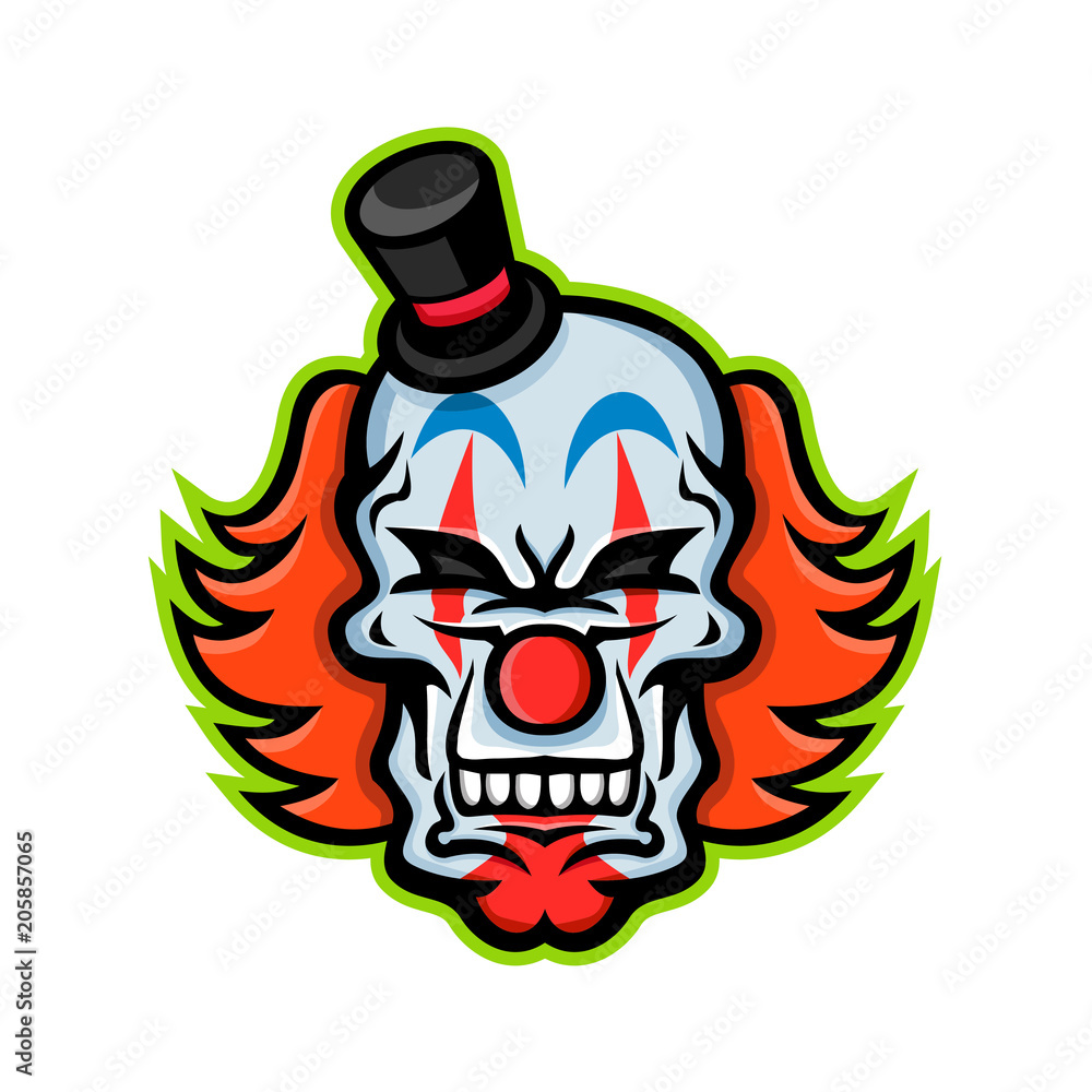 Mascot icon illustration of skull of a white-face clown with red hair ...