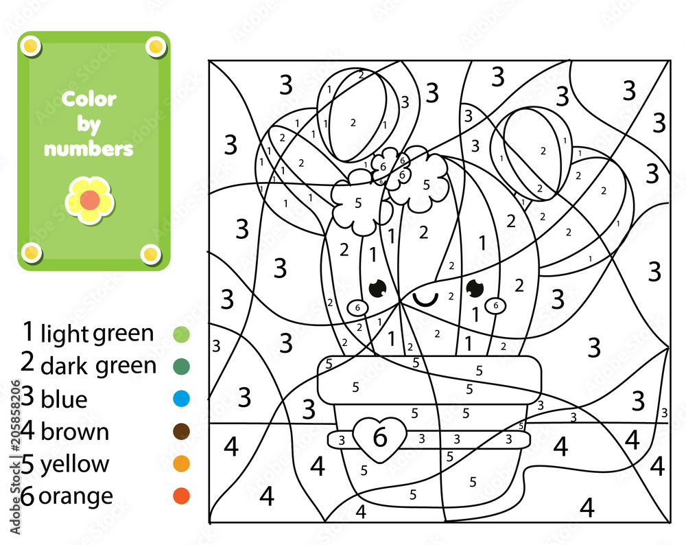 Children educational game. Coloring page with cactus plant. Color by ...