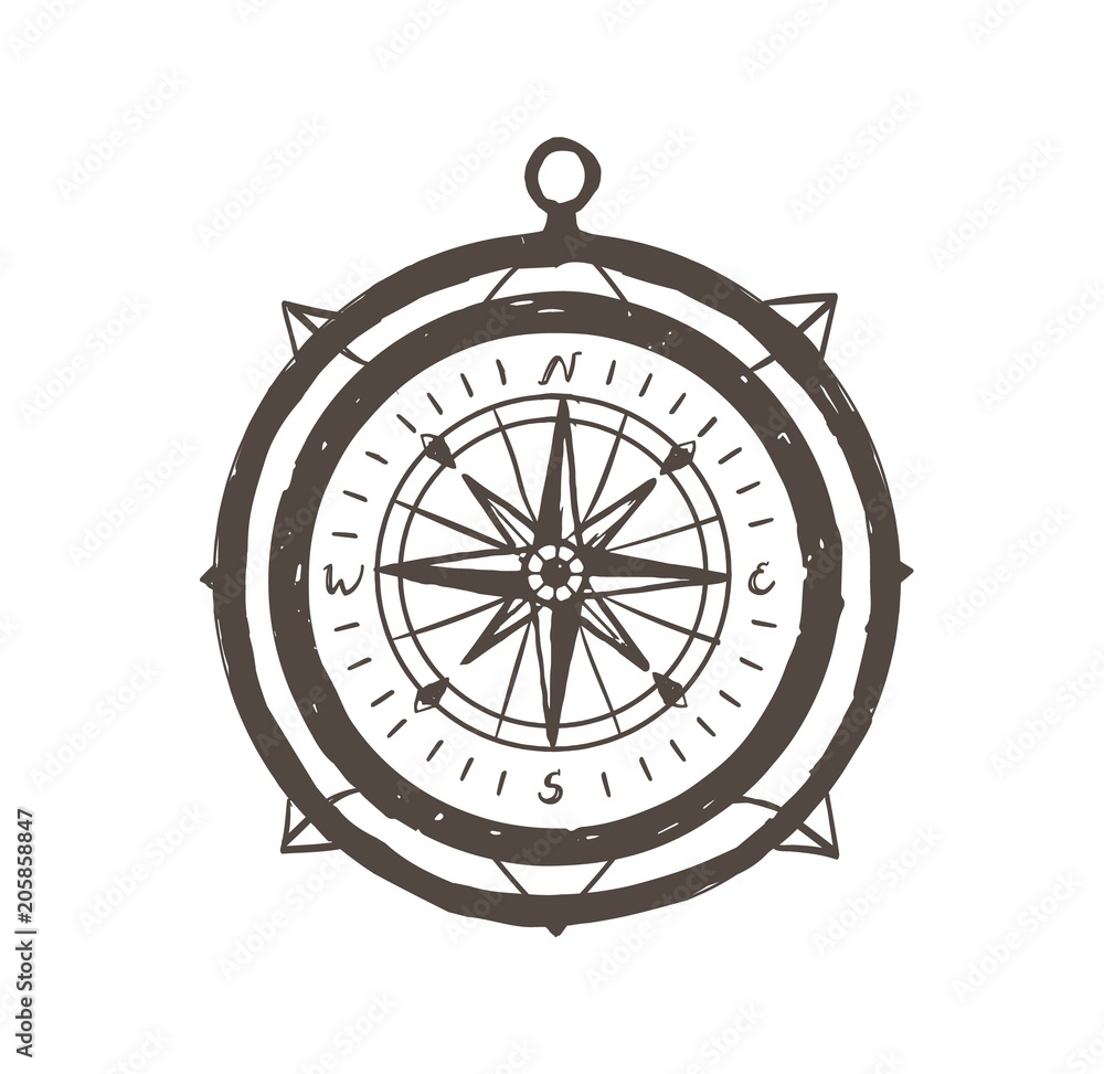 Vintage magnetic compass hand drawn with outlines on white background ...