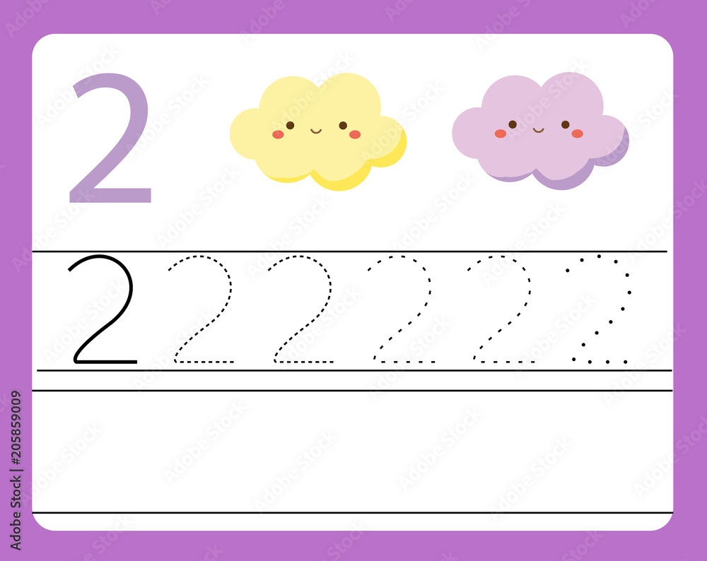 Handwriting practice. Learning numbers with cute characters. Number two ...