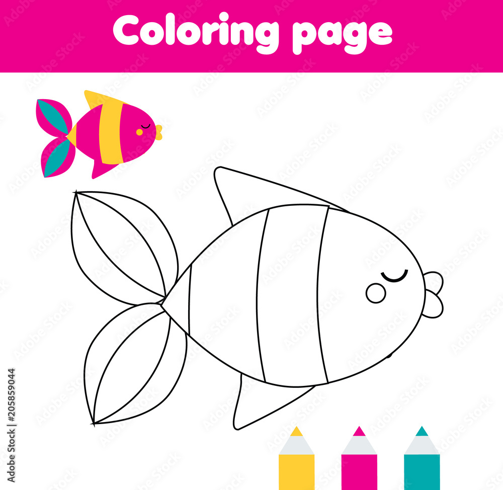 Coloring page with fish. Drawing kids activity for toddlers Stock ...
