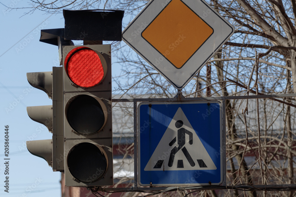 red traffic lights and road signs Stock Photo | Adobe Stock