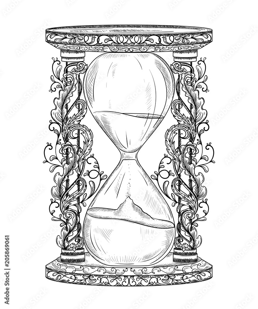Vintage hourglass with floral ornament. Engraved style. Isolated object ...