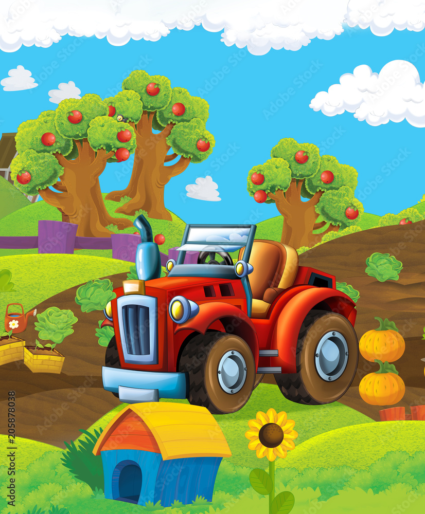 cartoon happy and sunny farm scene with tractor for different usage ...