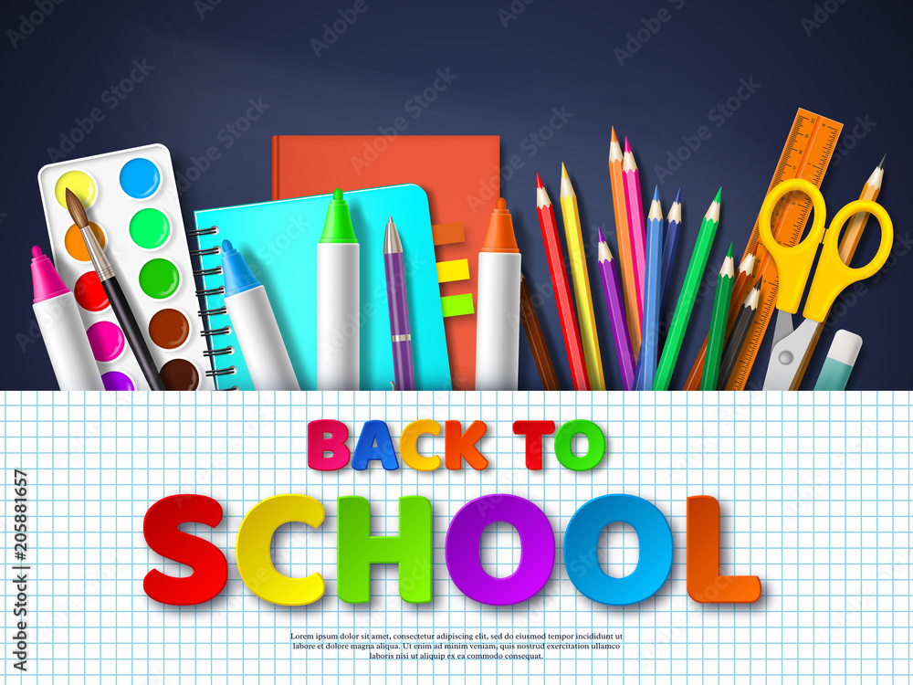 Back to school typography design with realistic school supplies. Paper ...