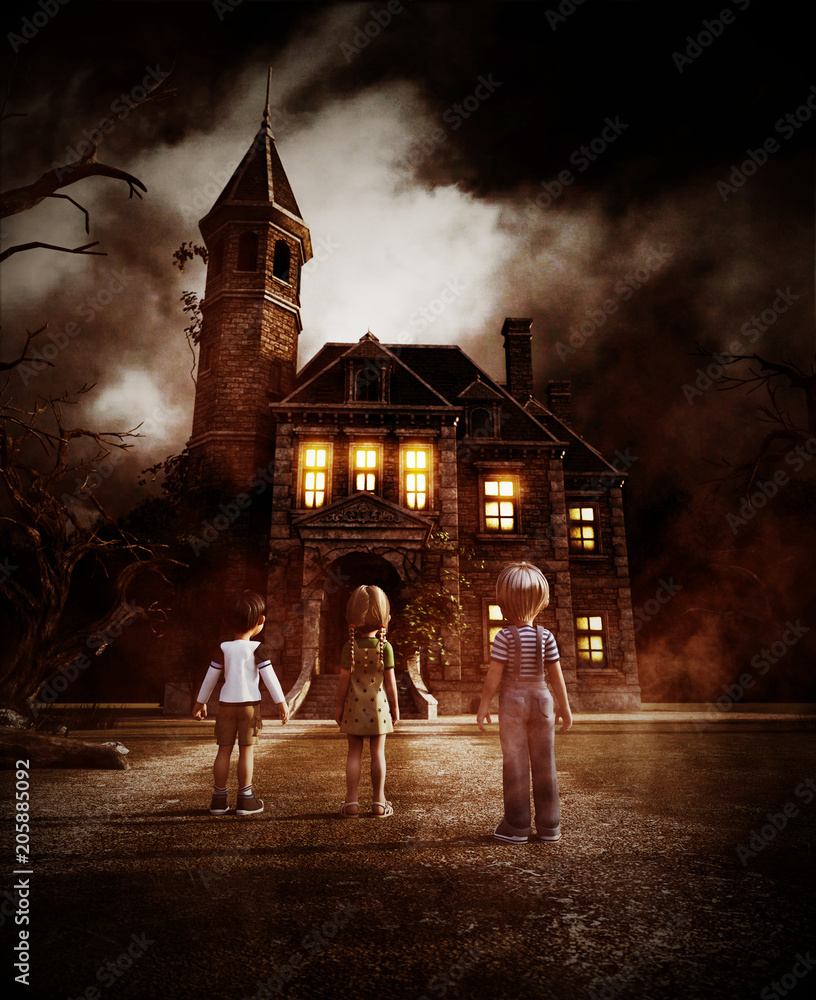 kids looking at a haunted house,3d illustration Stock Illustration ...
