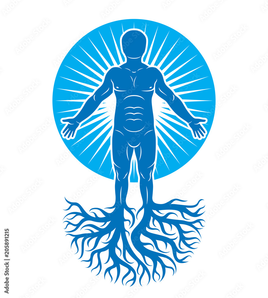 Vector art illustration of human being made using tree roots. Eco ...