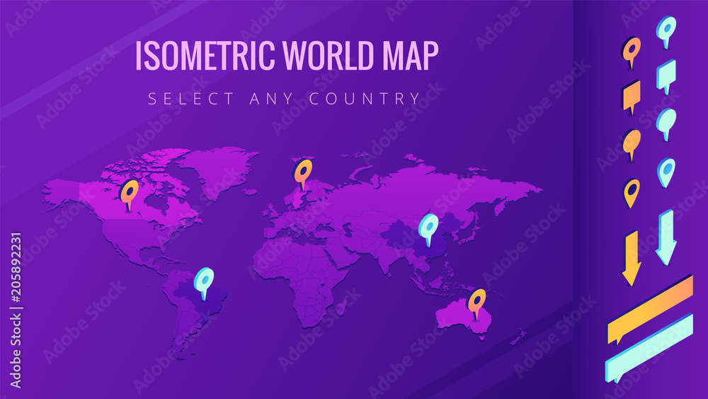 World map isometric vector illustration. The world map with pins ...
