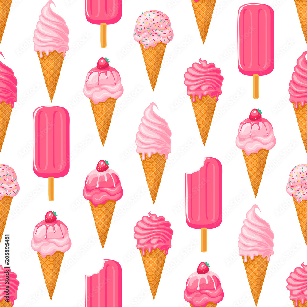 Pink ice cream seamless pattern on white background Stock Vector ...