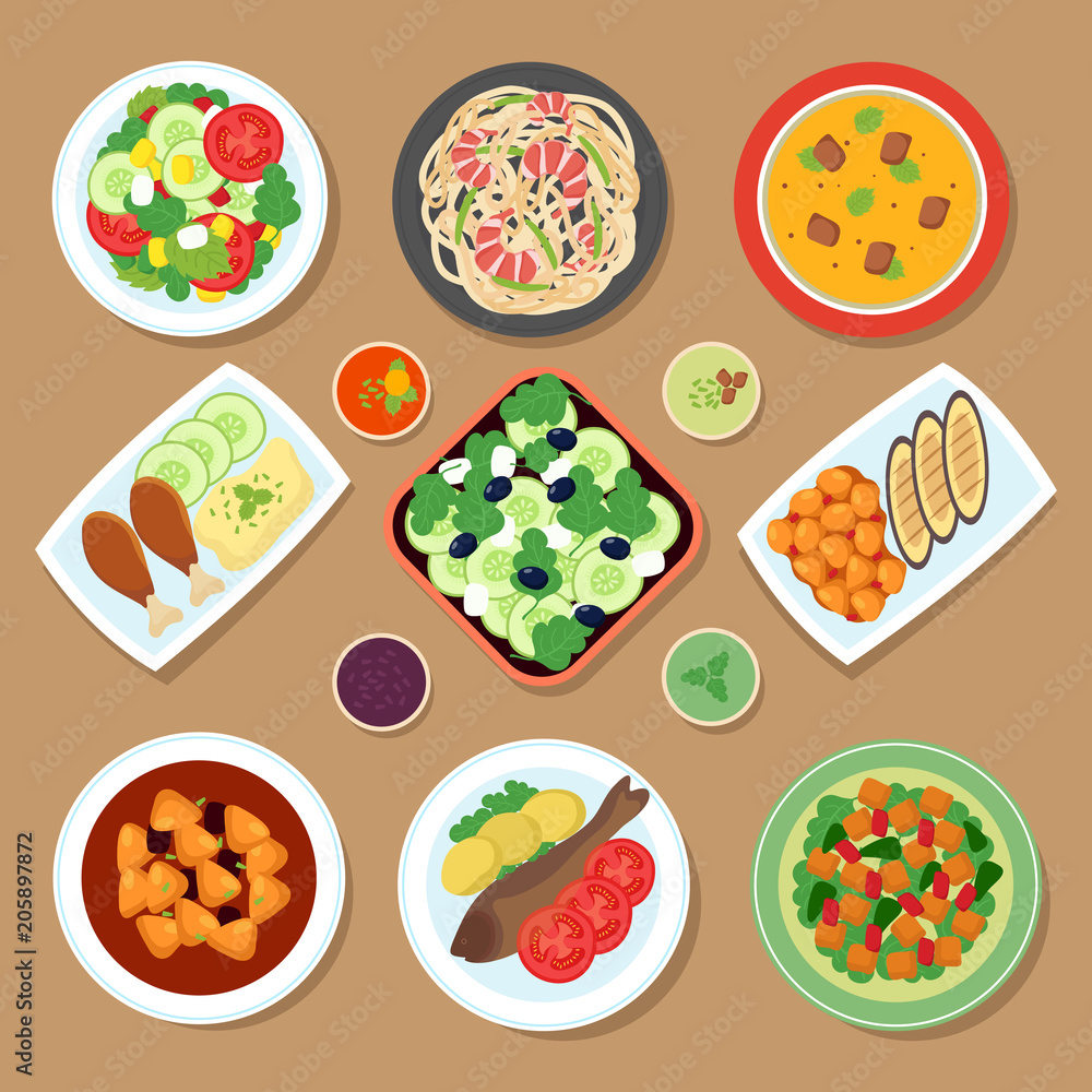 Top view dinner table with european dishes and japanese cuisine meal ...