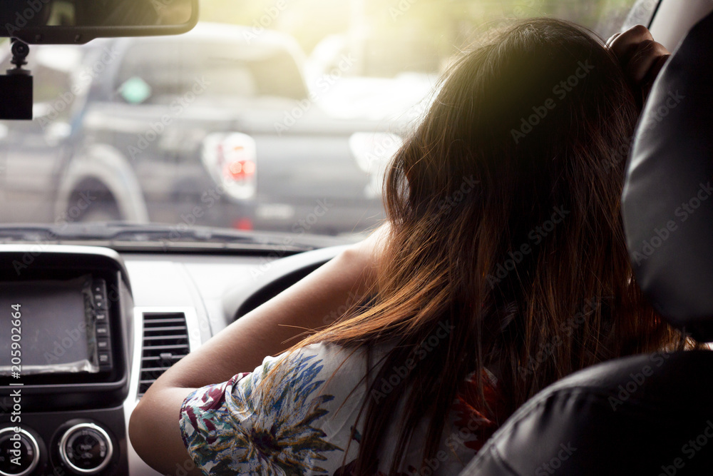 Women driving a car stupidity and stress on during traffic jams, Third ...