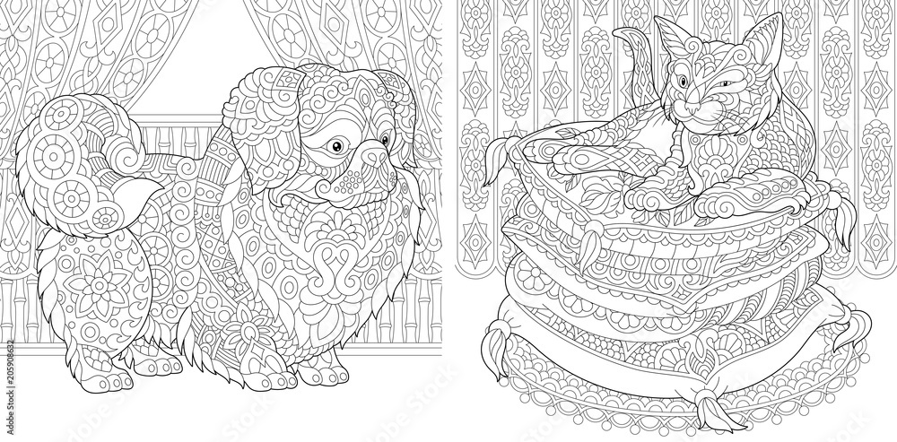 Cat on pillows. Pekingese or Japanese Chin Dog. Coloring Pages. Adult ...