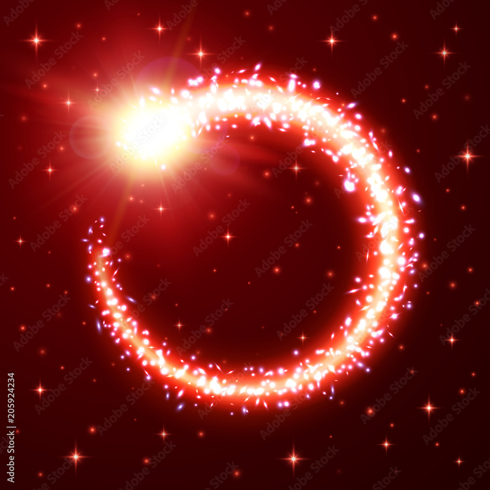 A bright comet with dust and gas trail. Glowing comet frame on red ...