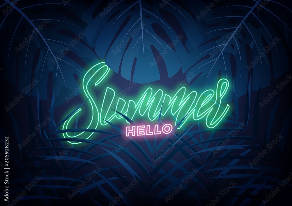 Summer. Modern design layout with neon lettering and tropic jungle ...