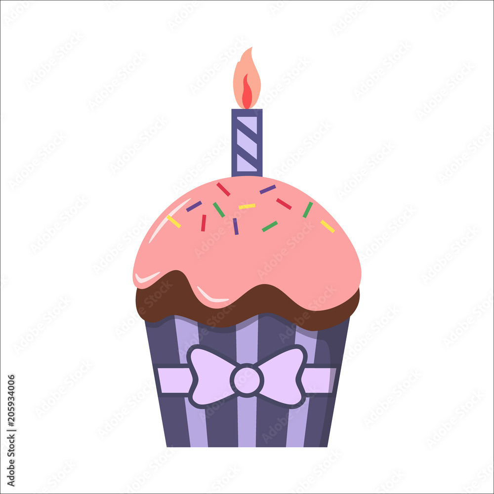 Birthday purple pink cupcake with ribbon, candle burning, sprinkles and ...