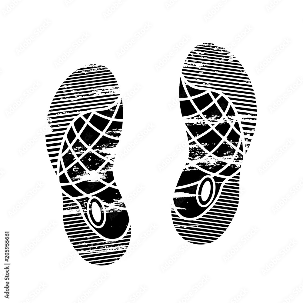 Footprints and shoeprints icon in black and white showing bare feet and ...
