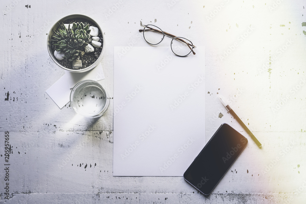 Mockup of blank white paper sheet, smartphone, eye glasses, on natural ...