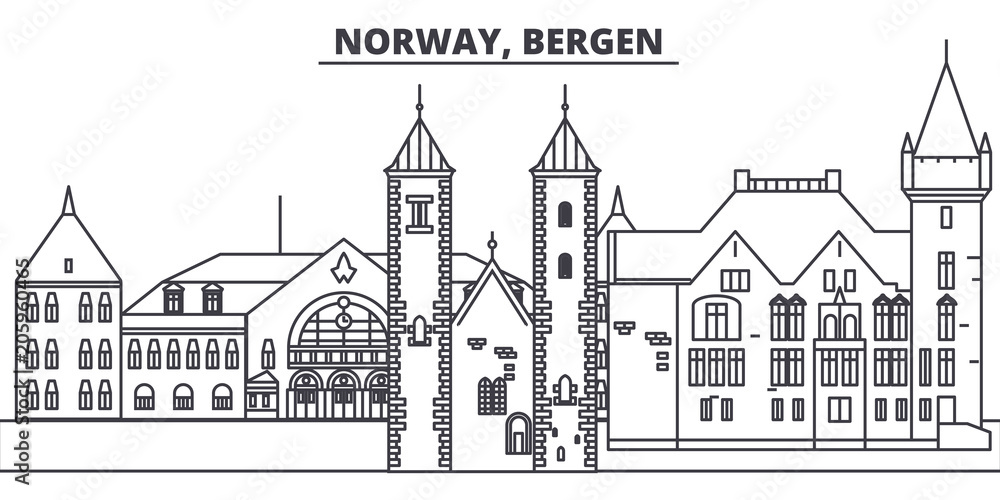 Norway, Bergen line skyline vector illustration. Norway, Bergen linear ...