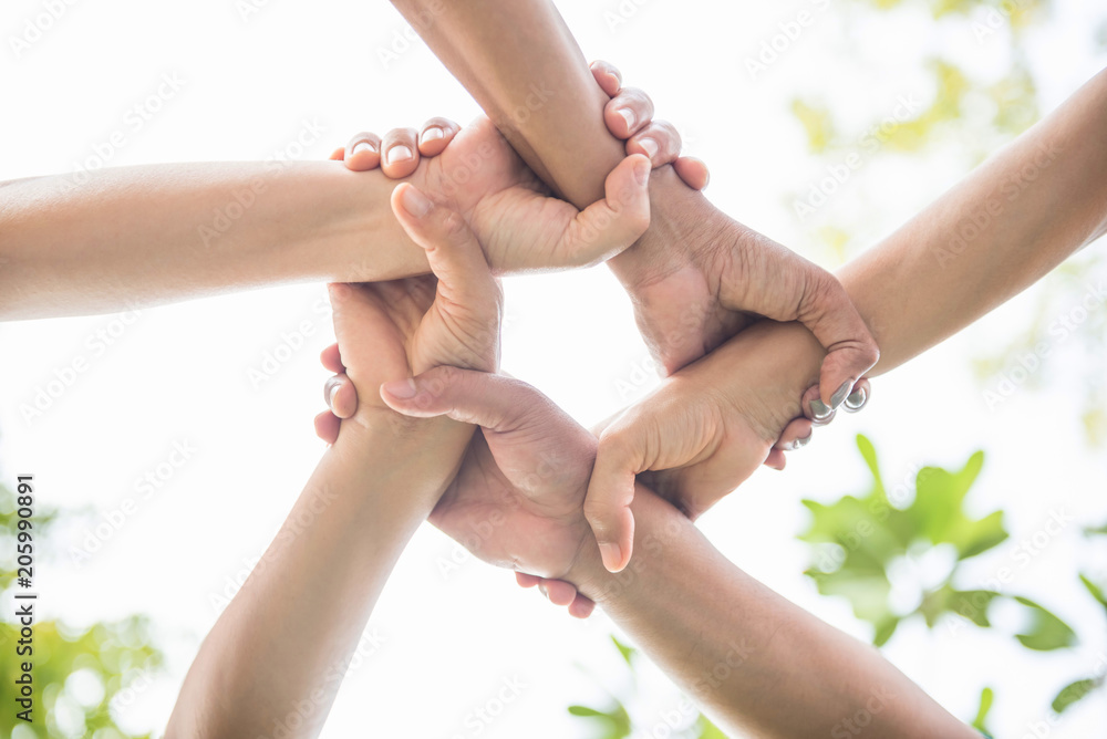 College Students Teamwork Stacking Hand Concept Stock Photo | Adobe Stock
